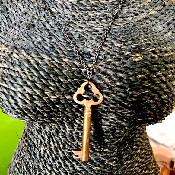 Jewelry | Antique Brass Skeleton Key On Gunmetal Chain | Poshmark